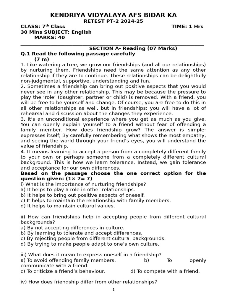 Retest 7 KVB Eng-Pt Ii - Question Paper (2024-25) | PDF