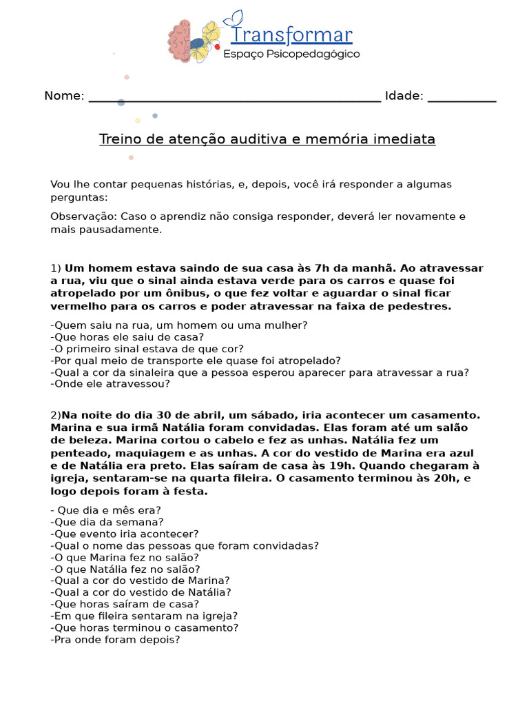 Treino de memória imediata e atenção | PDF