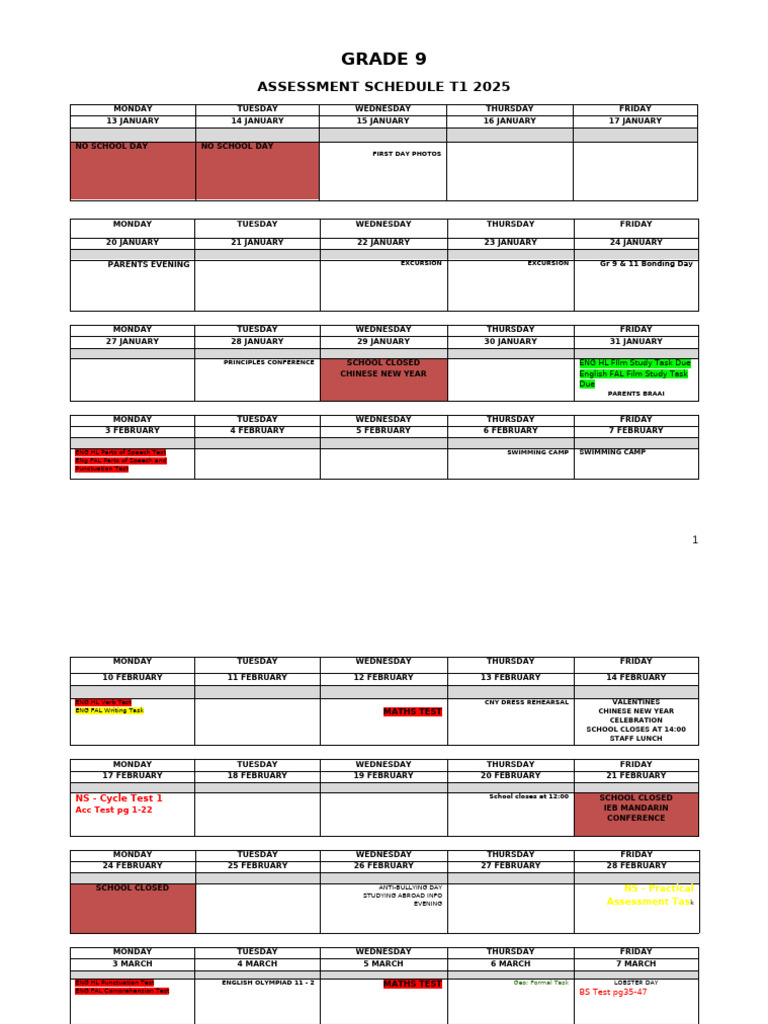 Gr. 9 Assessment Schedule t1 2025 | PDF