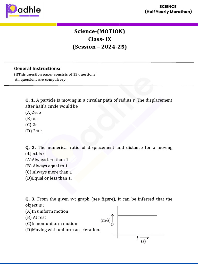 Class IX Science Motion Exam Questions | PDF | Speed | Velocity