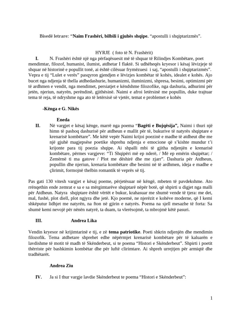 Bisedw Letrare Naim Frashëri | PDF