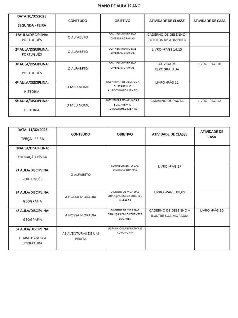 PLANO DE AULA 10 a 28 fevereiro 1º ano | PDF | Livros