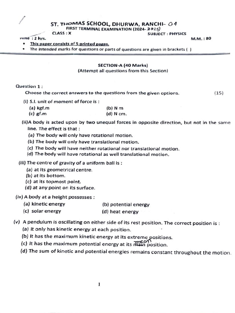 Sts Physics First Term Exam | PDF