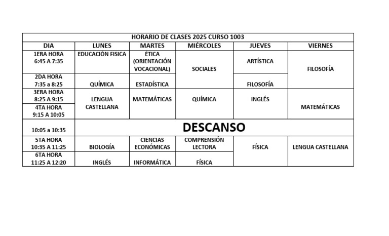 1003 Horario de Clases 2025.Doc | PDF