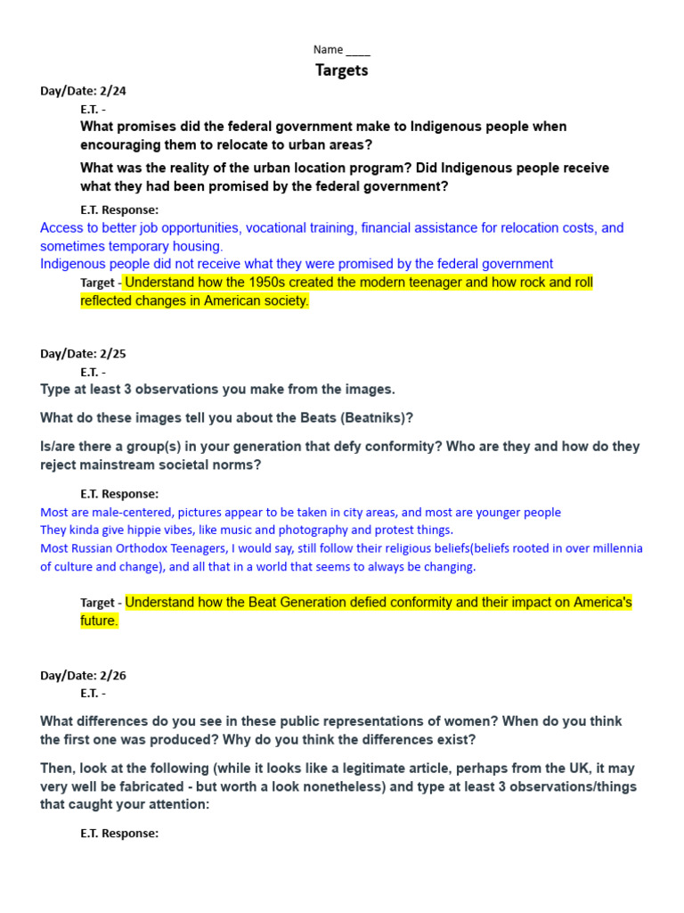 Entry Tasks and Targets Template - 2 - 24-2 - 27 | PDF | Hispanic And Latino Americans