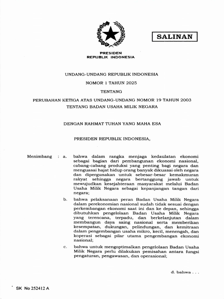 Undang-Undang Nomor 1 Tahun 2025 Tentang Perubahan Ketiga Atas Undang-Undang Nomor 19 Tahun 2003 ...