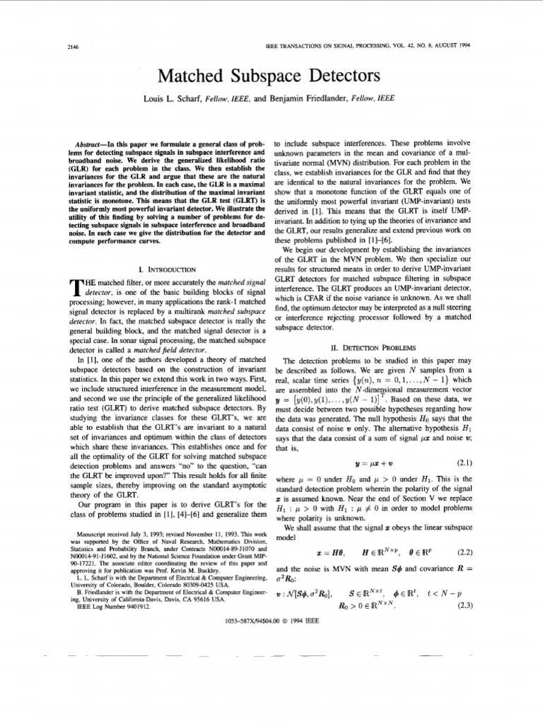 Matched Subspace Detectors | PDF | Linear Map | Linear Subspace