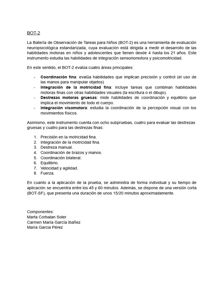 Evaluación BOT-2 de Habilidades Motoras | PDF