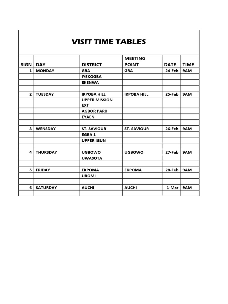 Visit Timetable for February 2024 | PDF