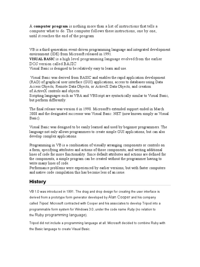 Visual Basic: History | PDF | Basic | Computer Data