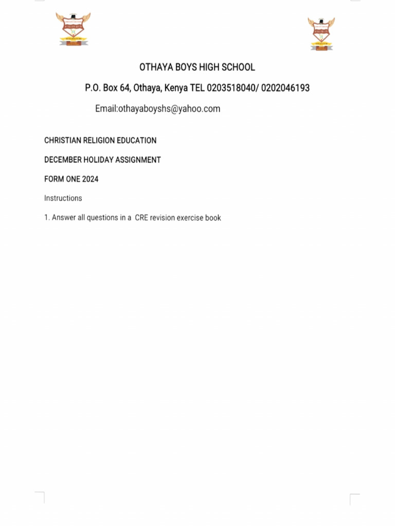 Cre - Form 1 Holiday Assignment | PDF | Book Of Exodus | Bible