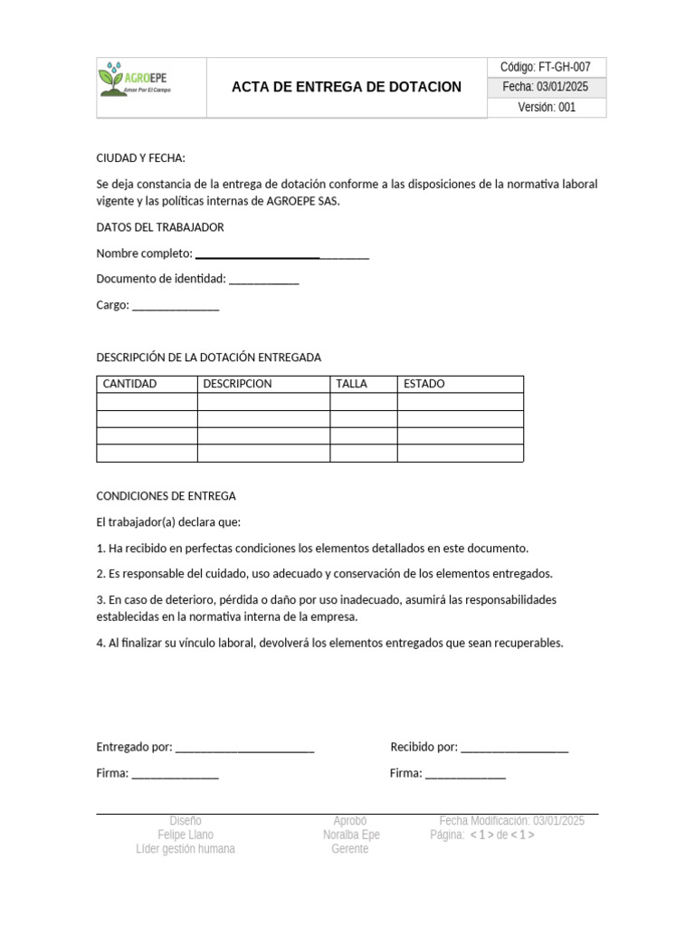Ft-gh-007 Acta de Entrega de Dotacion | PDF