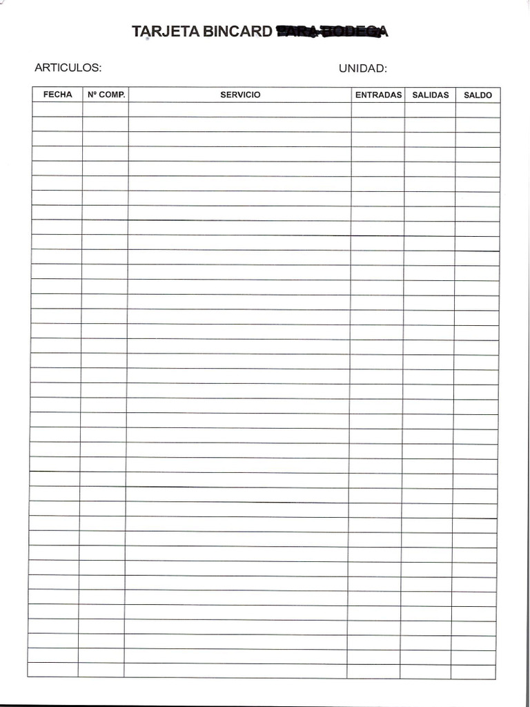 TARJETA BINCARD 19x27CMS - 0001 | PDF
