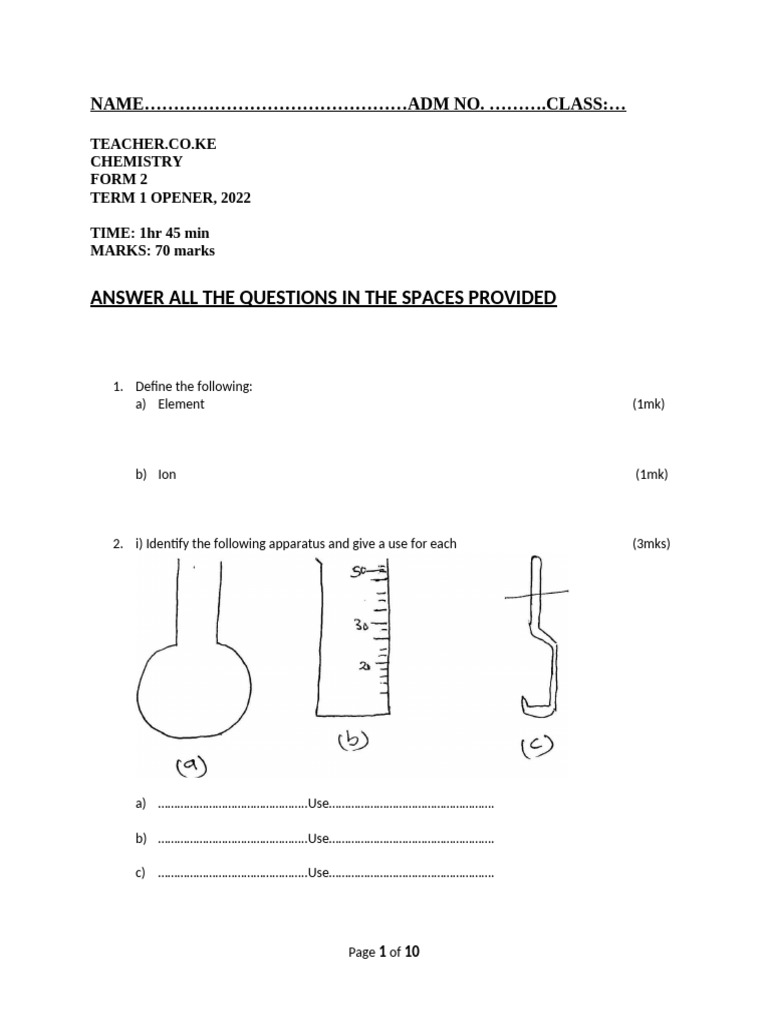 Chemistry Form 2 Term 1 Opener 2022 QN | PDF | Chemical Elements | Isotope
