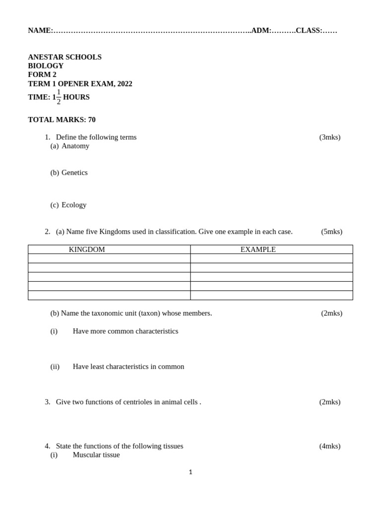 Biology Form 2 Term 1 Opener 2022 QN | PDF | Digestion | Tissue (Biology)