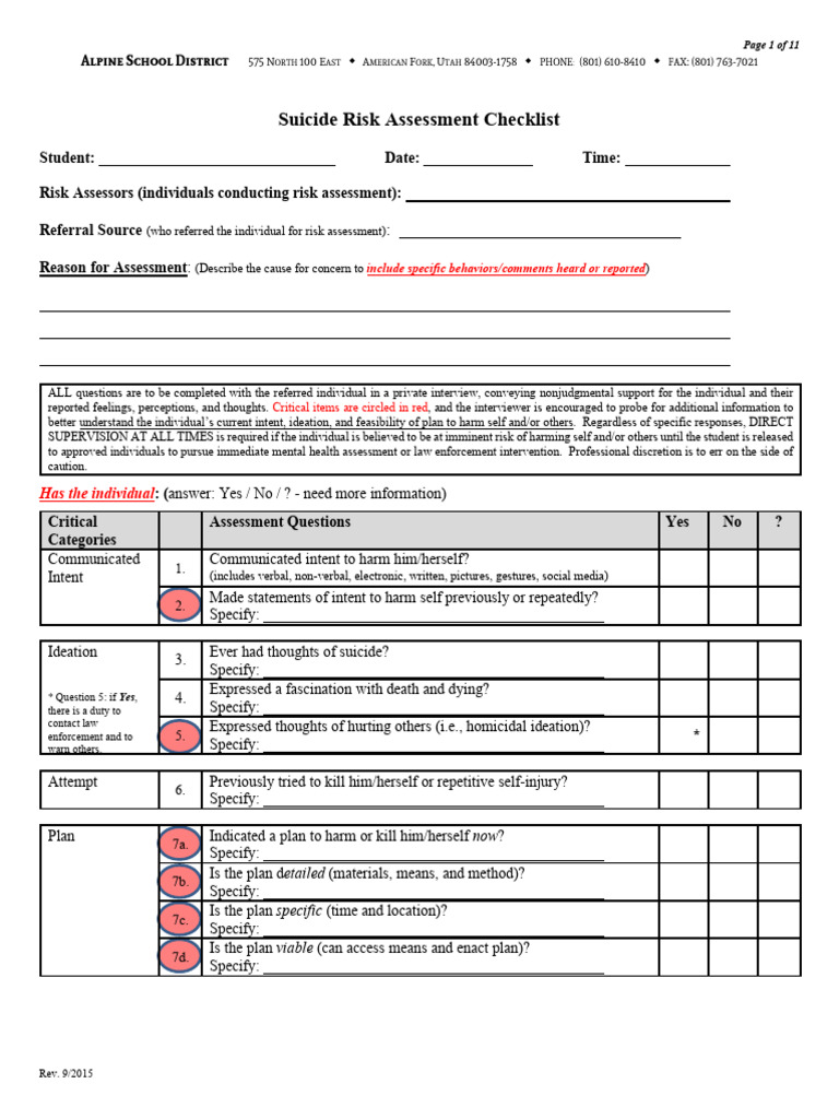 ASD Suicide Risk Assessment Checklist | PDF | Suicide | Mental Health