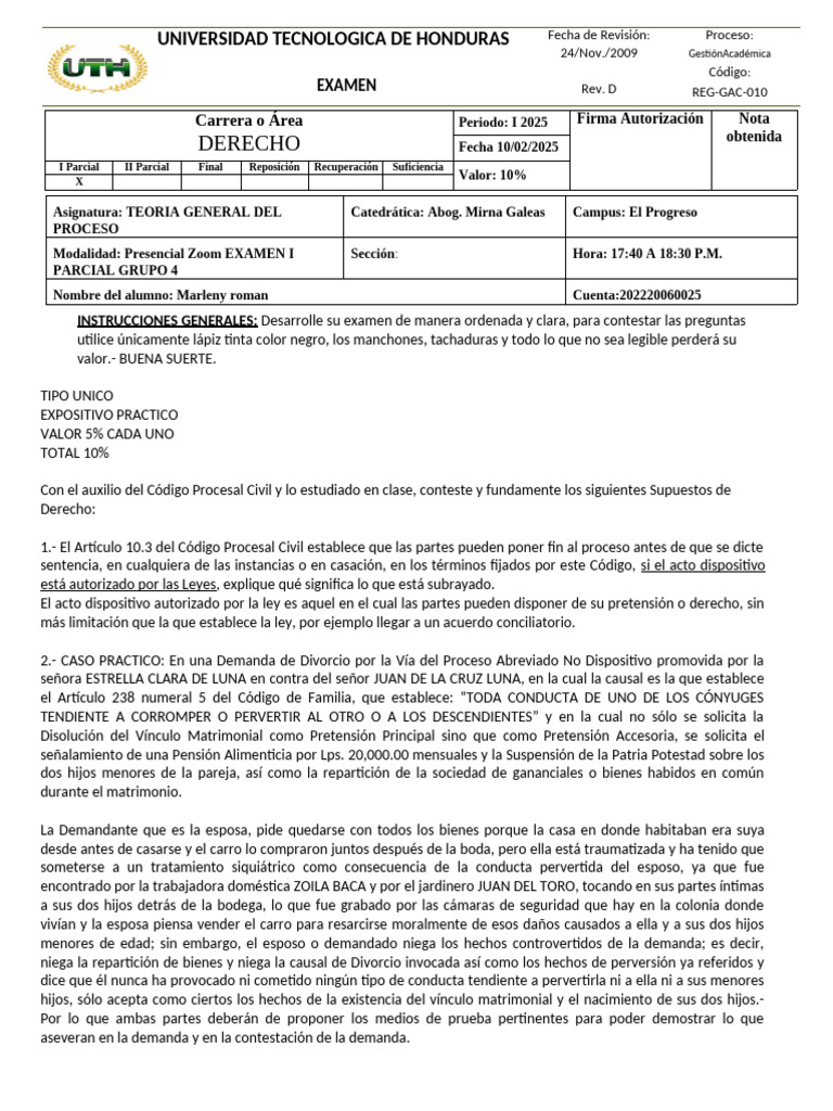 Formato E.. Teoria Del Proceso Ex I P. GR 4 2025 | PDF | Divorcio | Ley familiar