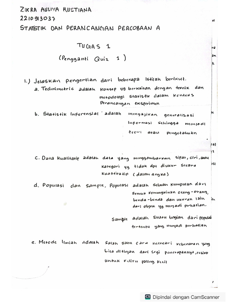 ZIKRA AULIYA RUSTIANA Tugas 1 Statika Dan Perancangan Percobaan | PDF