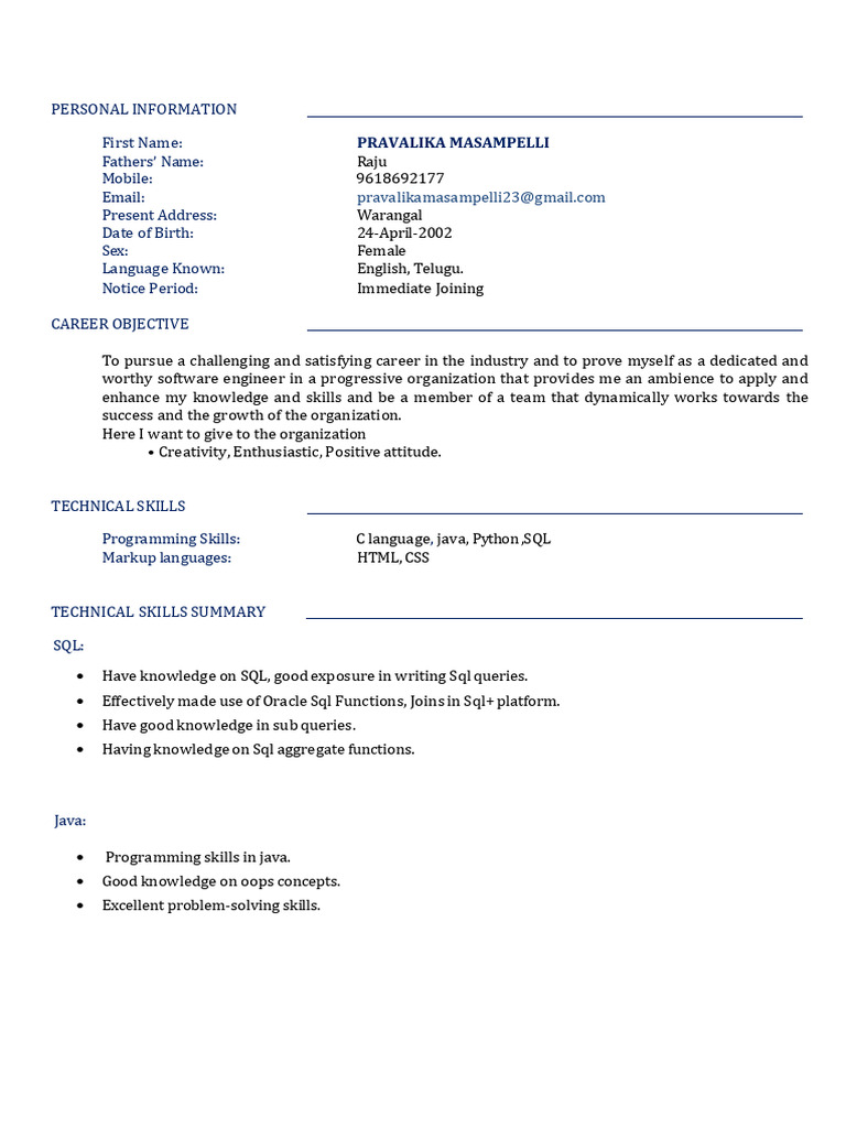 pravalika resume. 24 | PDF | Sql | Knowledge