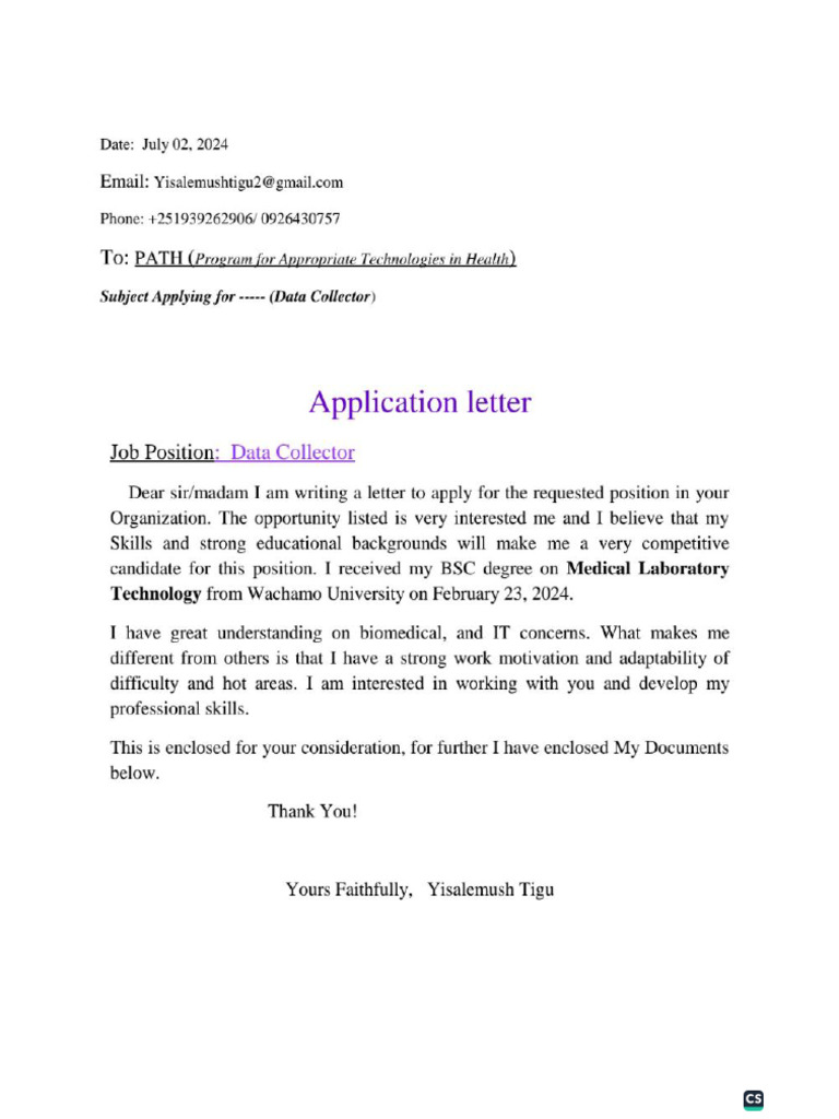 Aplication Letter CV Yisalem | PDF