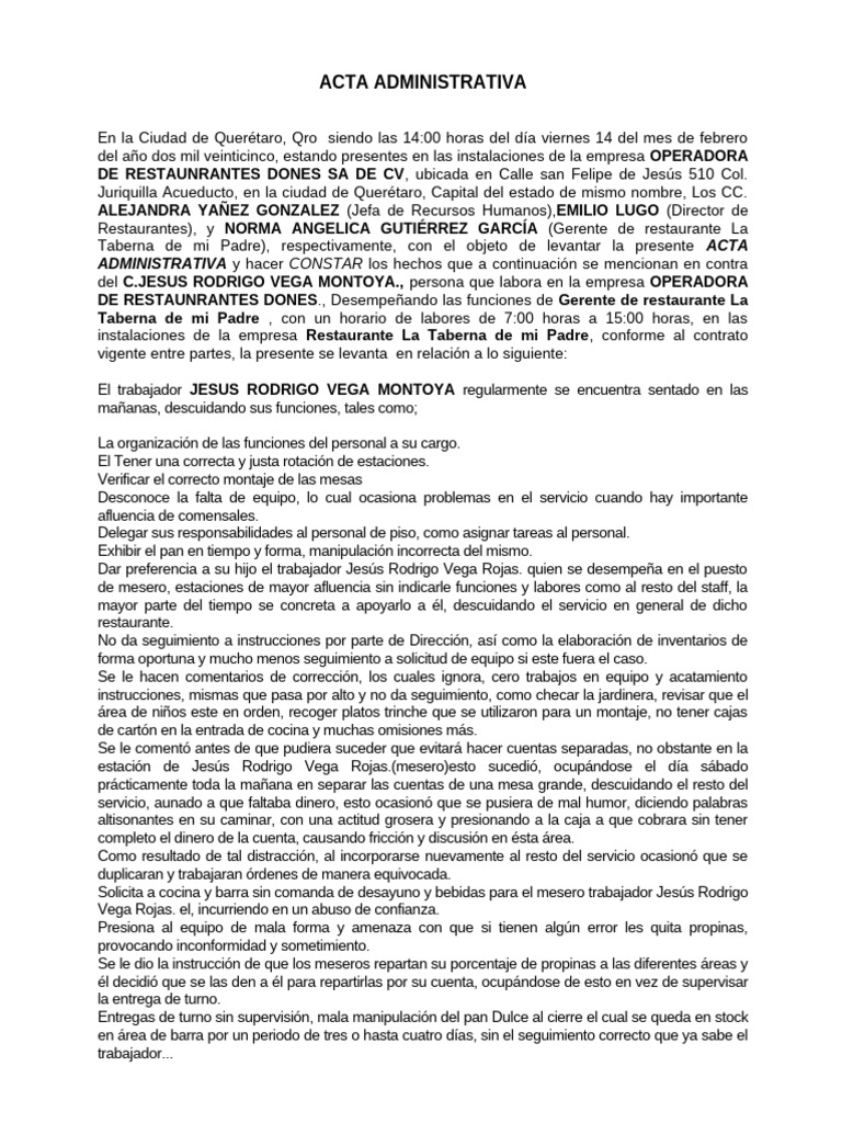 Acta Administrativa de Reubicación Laboral | PDF