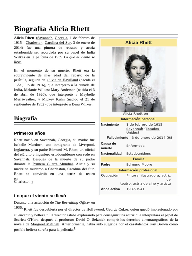 Biografía de Alicia Rhett, actriz y pintora | PDF