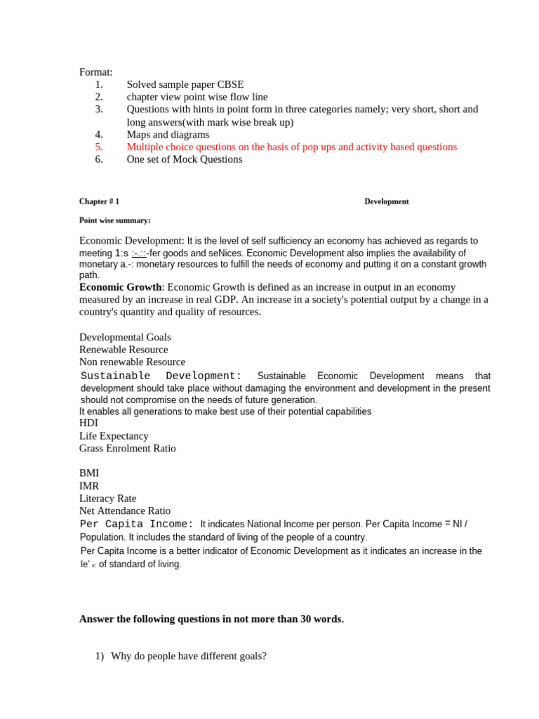 CBSE Economic Development Study Guide | PDF | Economic Development ...