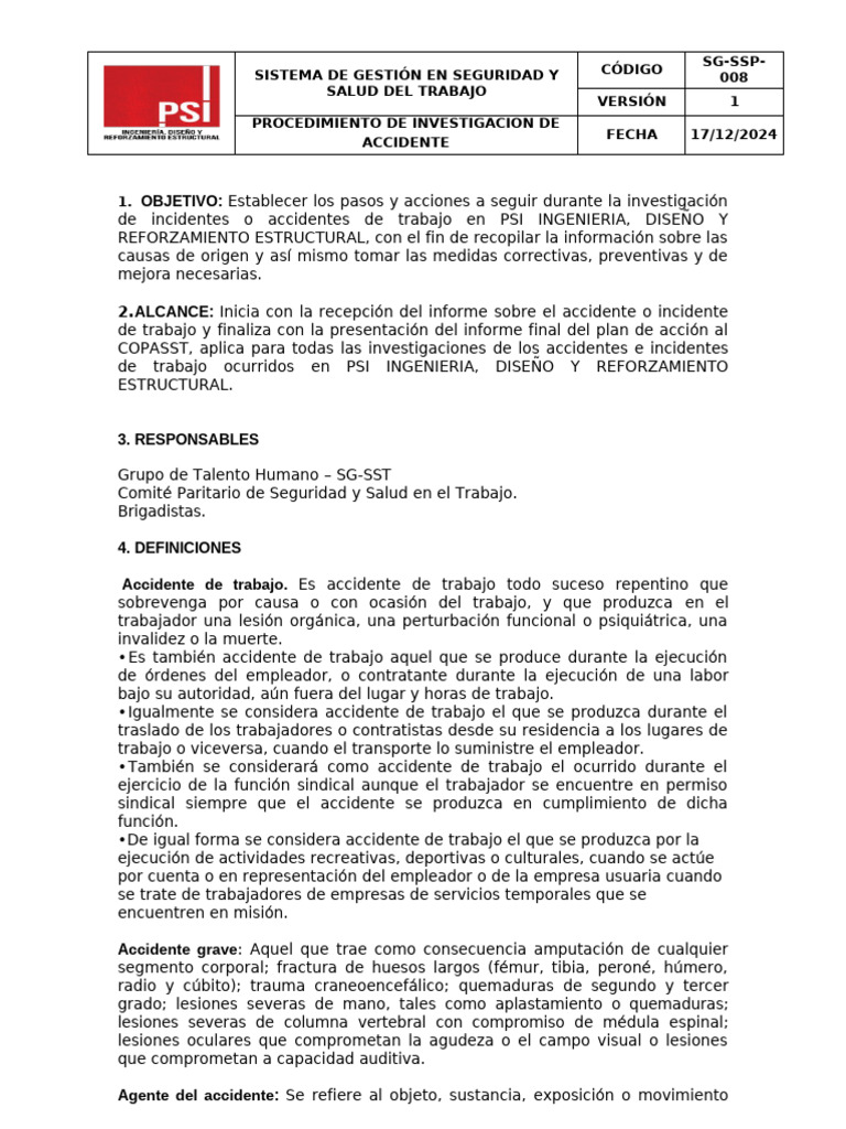 SG-SSP-008 PROCEDIMIENTO INVESTIGACION DE ACCIDENTE | PDF
