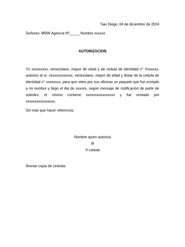Autorización para Retirar Paquete MRW | PDF