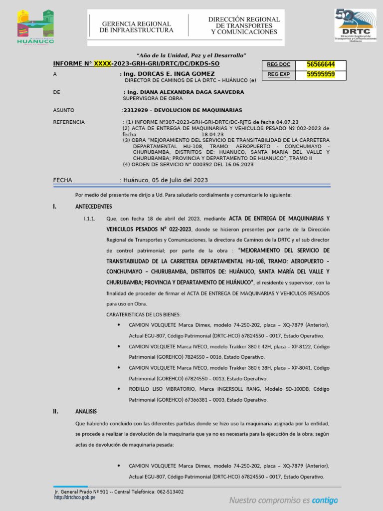 INFORME N°xxxx DEVOLUCION DE MAQUINARIAS | PDF | Transporte