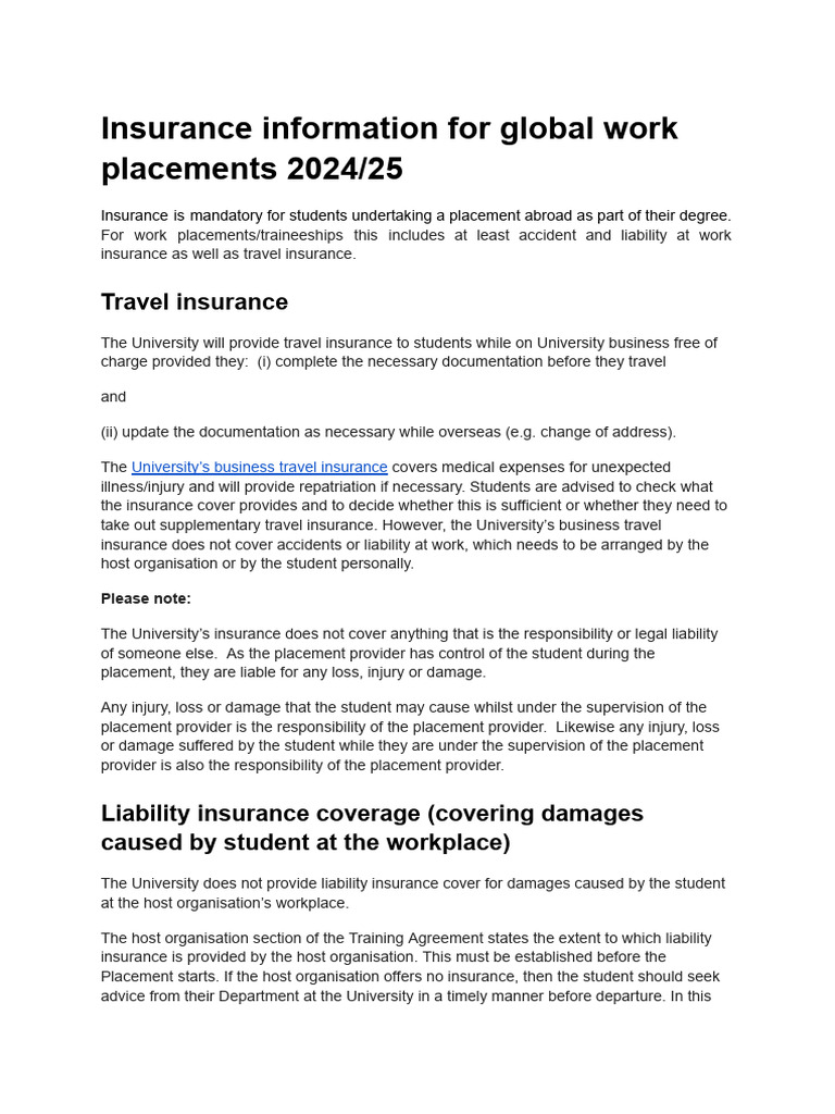 Insurance Information For Global Work Placements 2024 - 25 | PDF ...