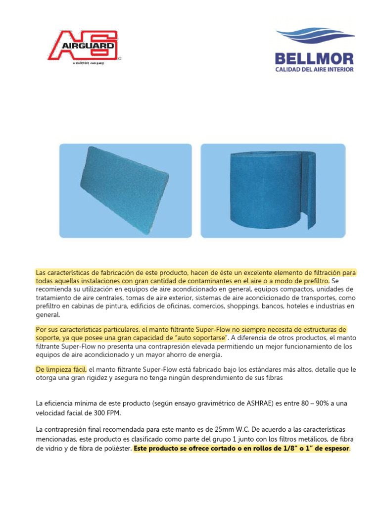 Manta Filtrante Lavable Super-Flow MERV 6 | PDF | Filtración | Aire ...