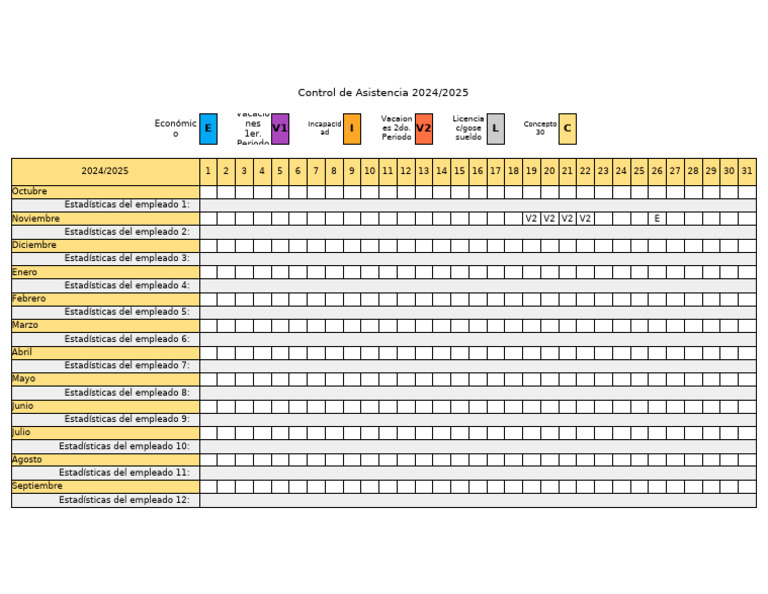 Plantilla+de+asistencia+mensual+de+empleados | PDF