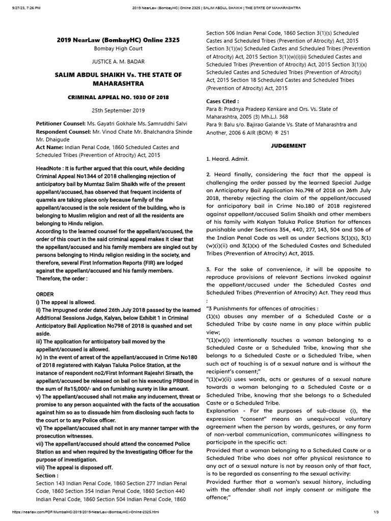 2019 NearLaw (BombayHC) Online 2325 - SALIM ABDUL SHAIKH - THE STATE OF MAHARASHTRA | PDF | Bail ...