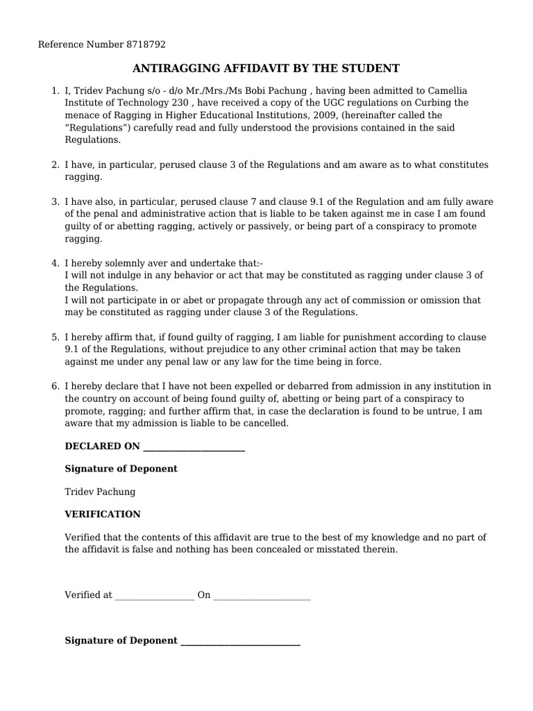 Anti Ragging Affidavit Form | PDF | Affidavit | Justice