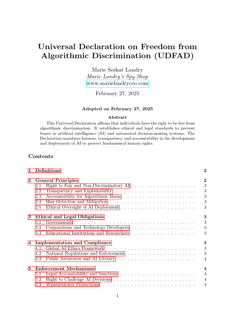 Universal Declaration On Freedom From Algorithmic Discrimination (UDFAD) | PDF | Artificial ...