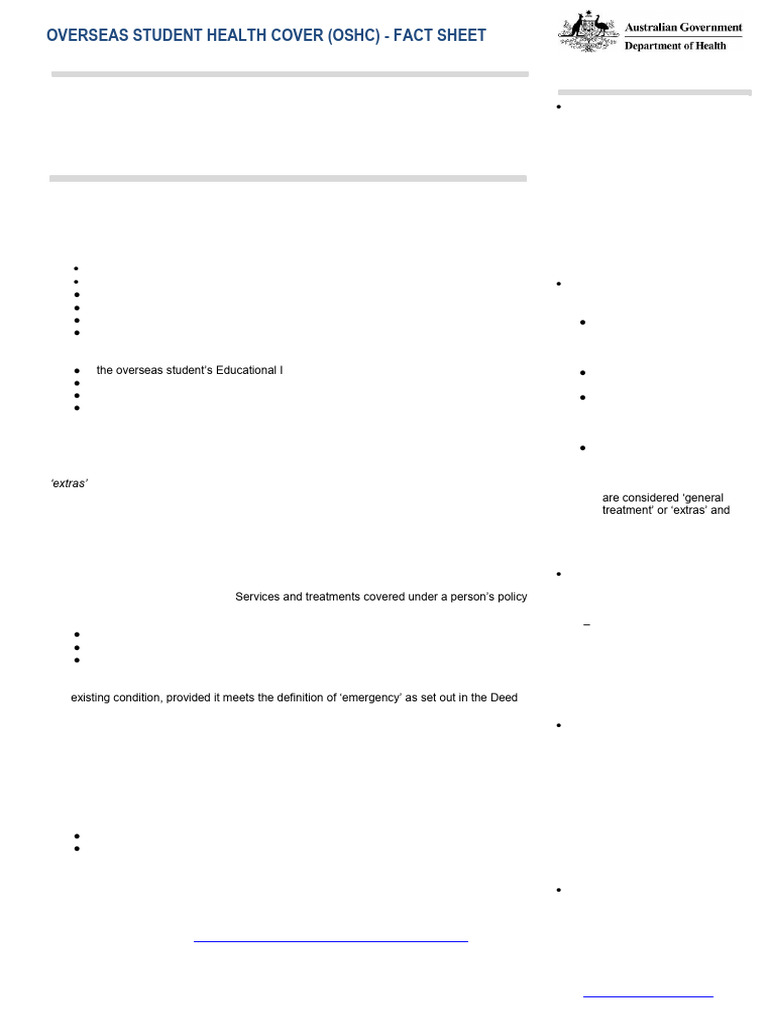 Overseas Student Health Cover Oshc Fact Sheet - 0 | PDF | Insurance ...