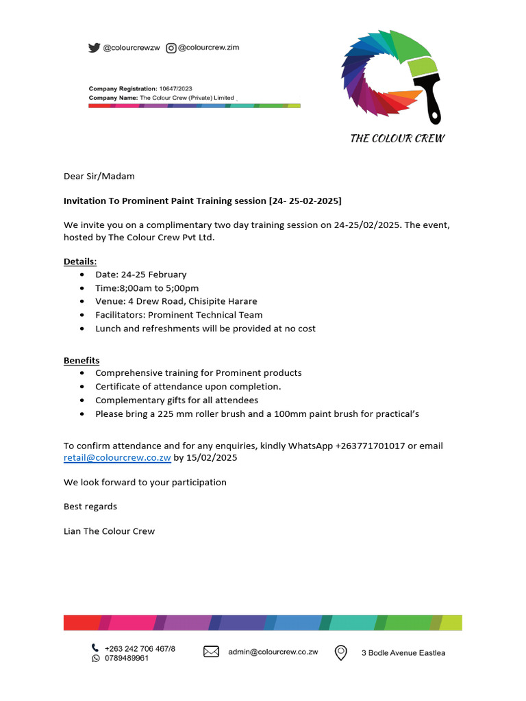 Invitation For Prominent Paints Training | PDF