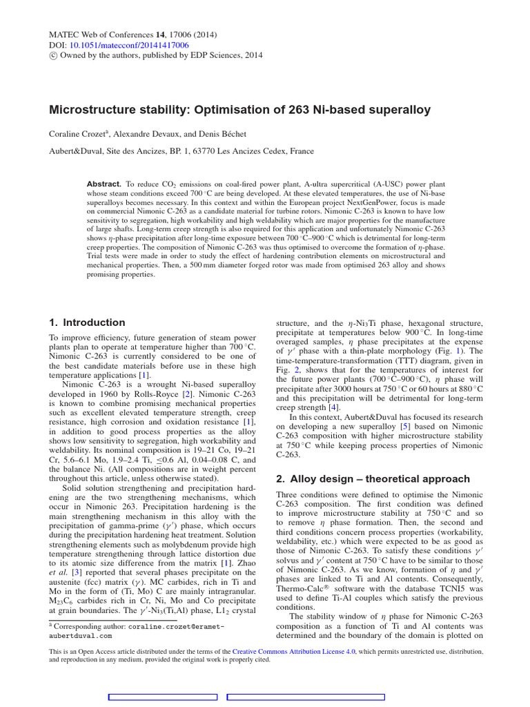 Microstructure Stability Optimisation of 263 Ni-Based Superalloy | PDF | Creep (Deformation ...
