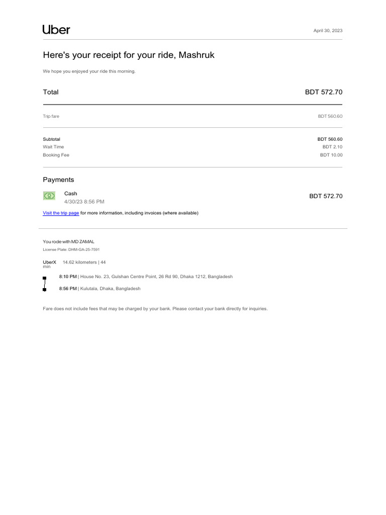 Here's Your Receipt For Your Ride, Mashruk: Total BDT 572.70 | PDF