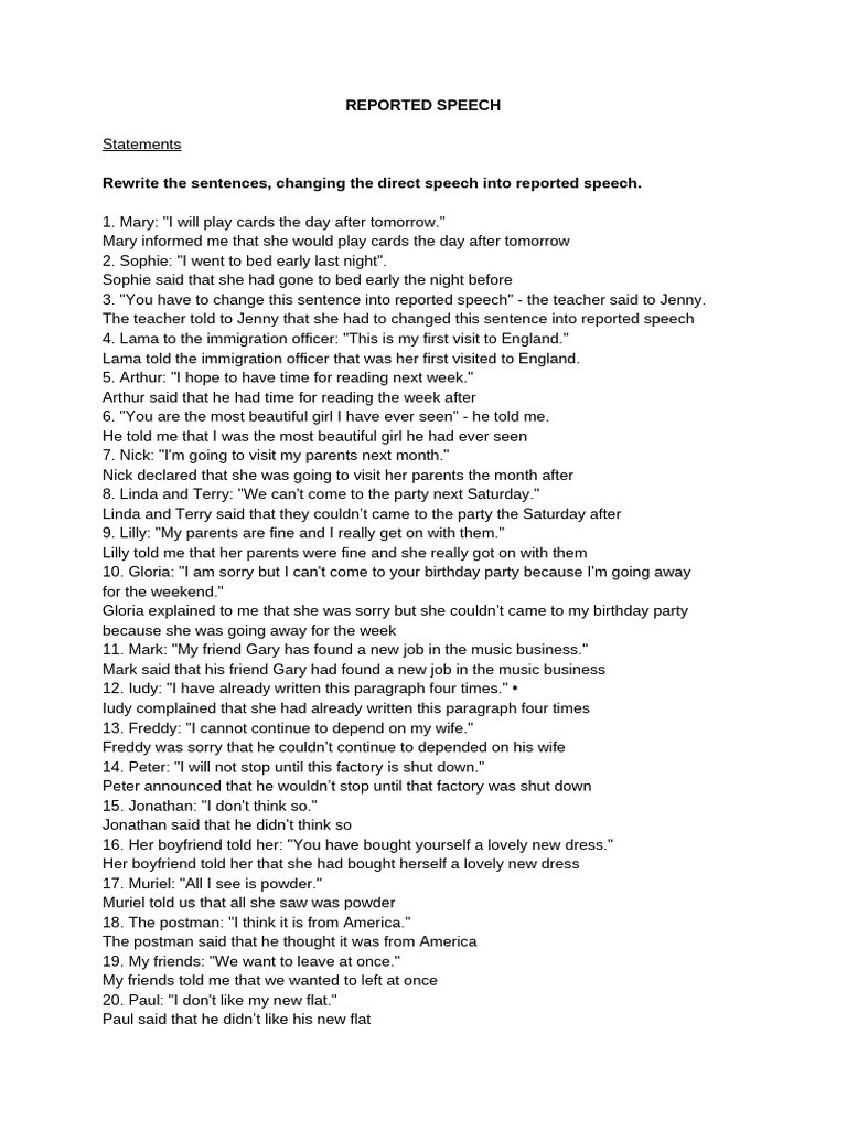 - Reported Speech - Extra practice Part 1 | PDF