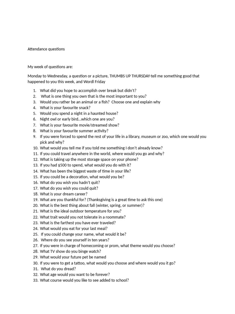 Engaging Attendance Questions for Students | PDF