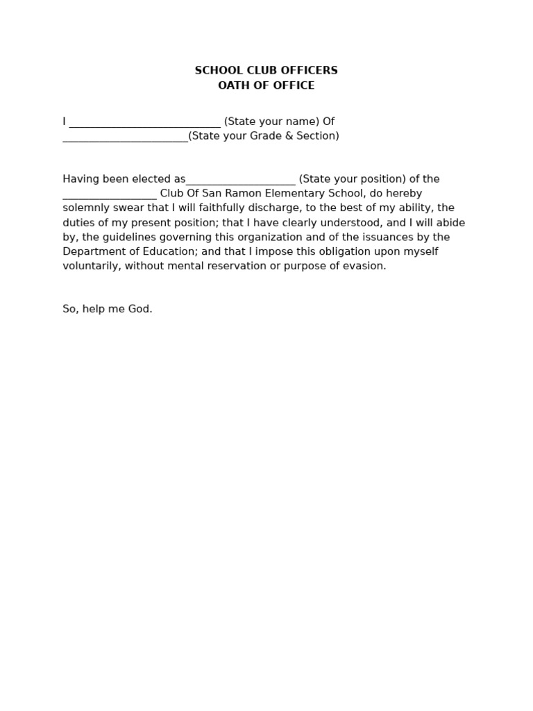 School Club Officers Oath Template | PDF
