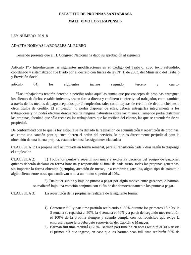 ESTATUTO DE PROPINAS SBMVT 2024 | PDF | Gratificación | Derecho laboral