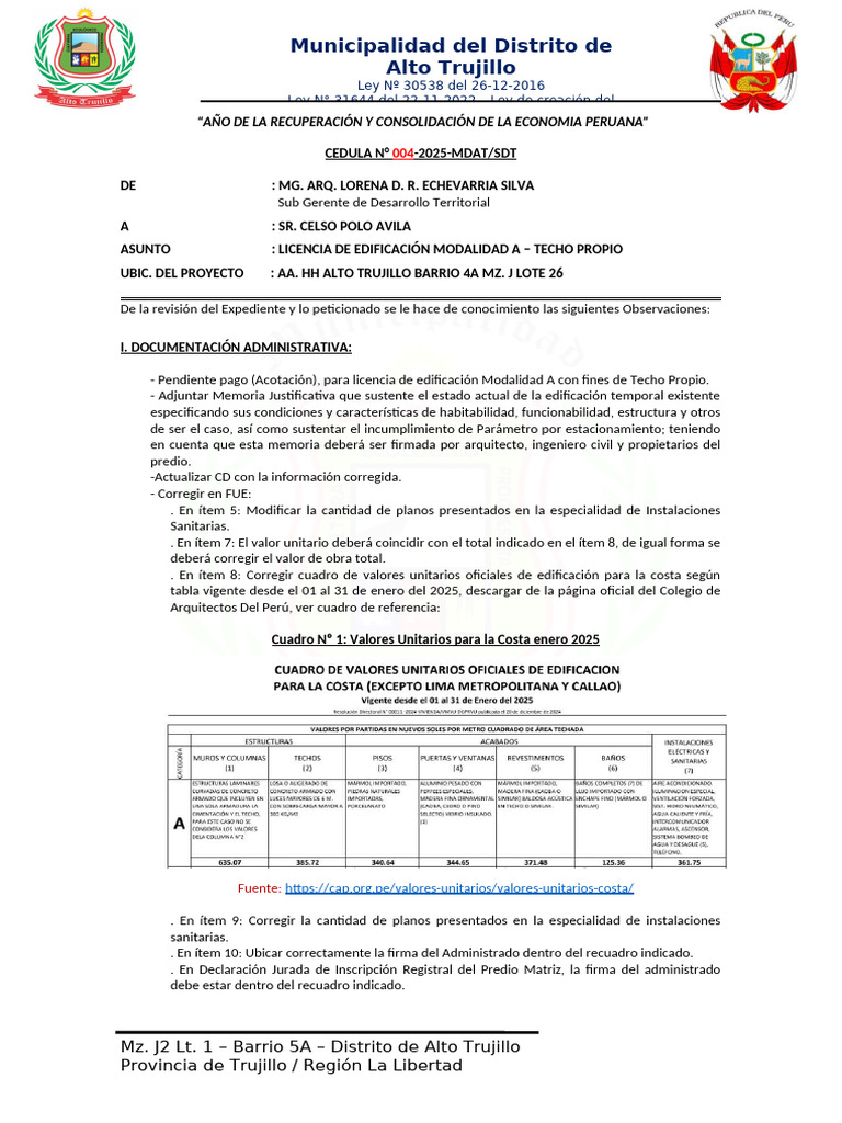 Cedula #004-2025 Exp. 44-2025 Licencia Mod. A Techo Propio - Celso Polo Avila | PDF