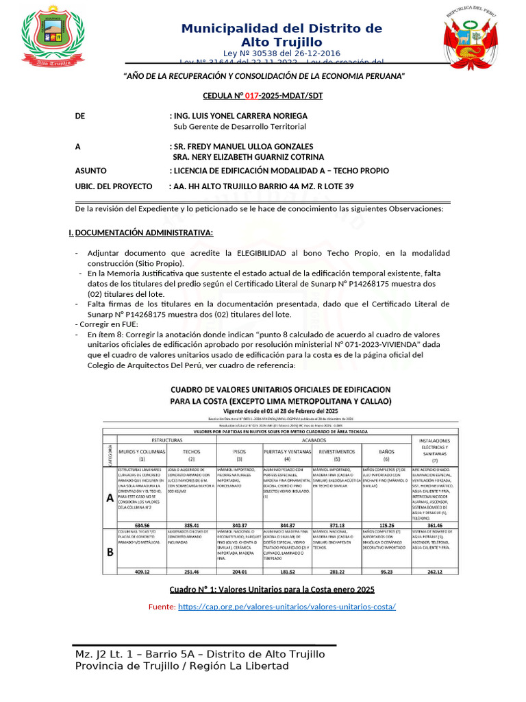 Cedula #017-2025 Exp. 1961-2025 Licencia Mod. A Techo Propio - Fredy Manuel Ulloa Gonzales y ...