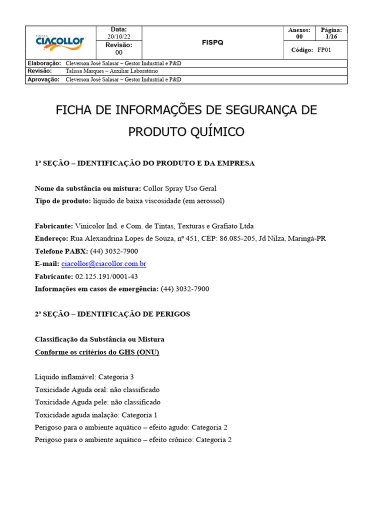FISPQ Collor Spray: Segurança e Riscos | PDF