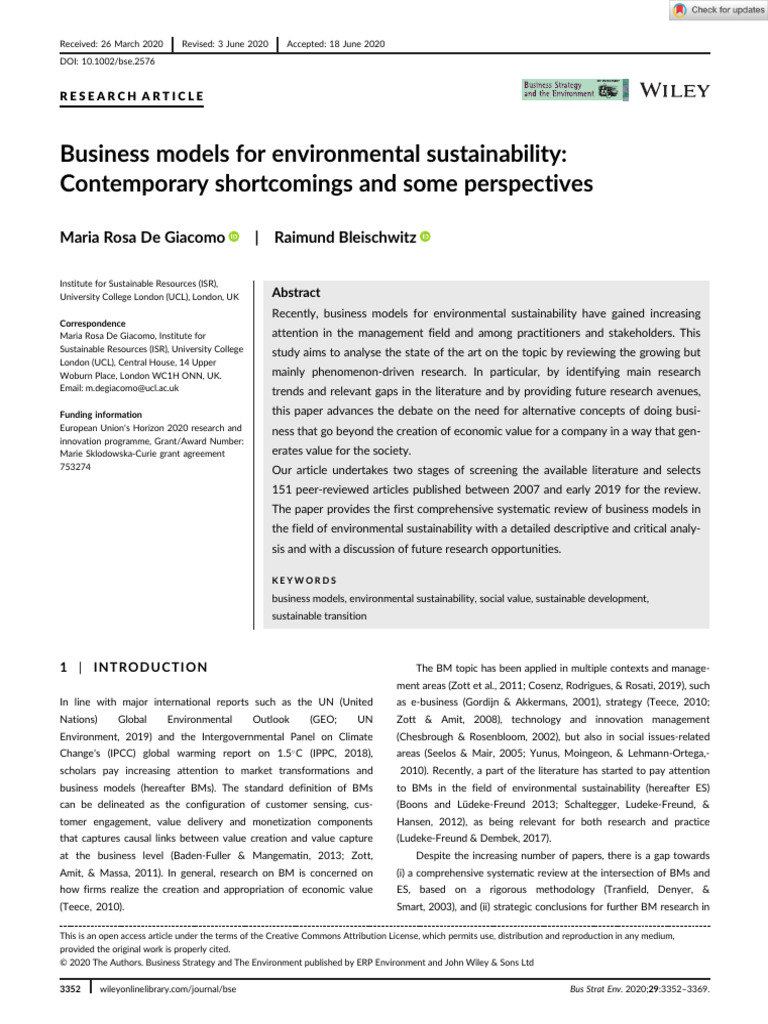 Bus Strat Env - 2020 - de Giacomo - Business Models For Environmental ...
