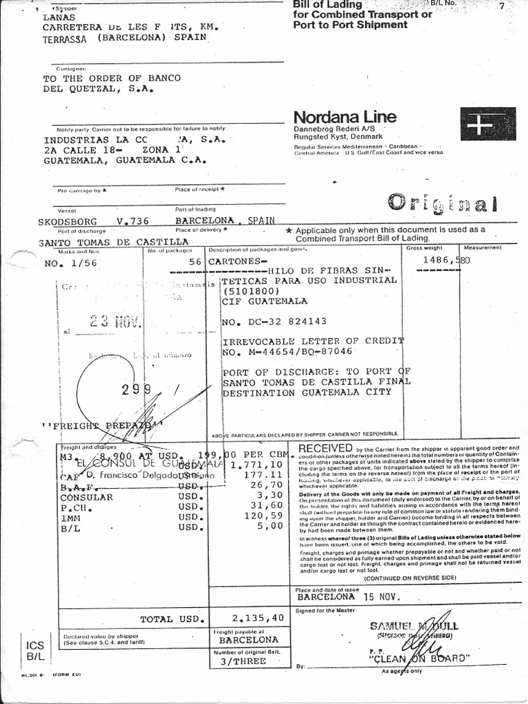 Transporte Internacional. Modelo BL Cumplimentado | PDF