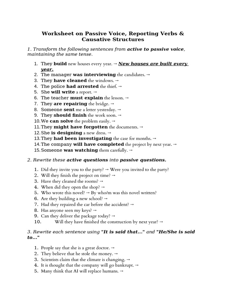 Worksheet On Passive Voice, Reporting Verbs & Causative Structures ...